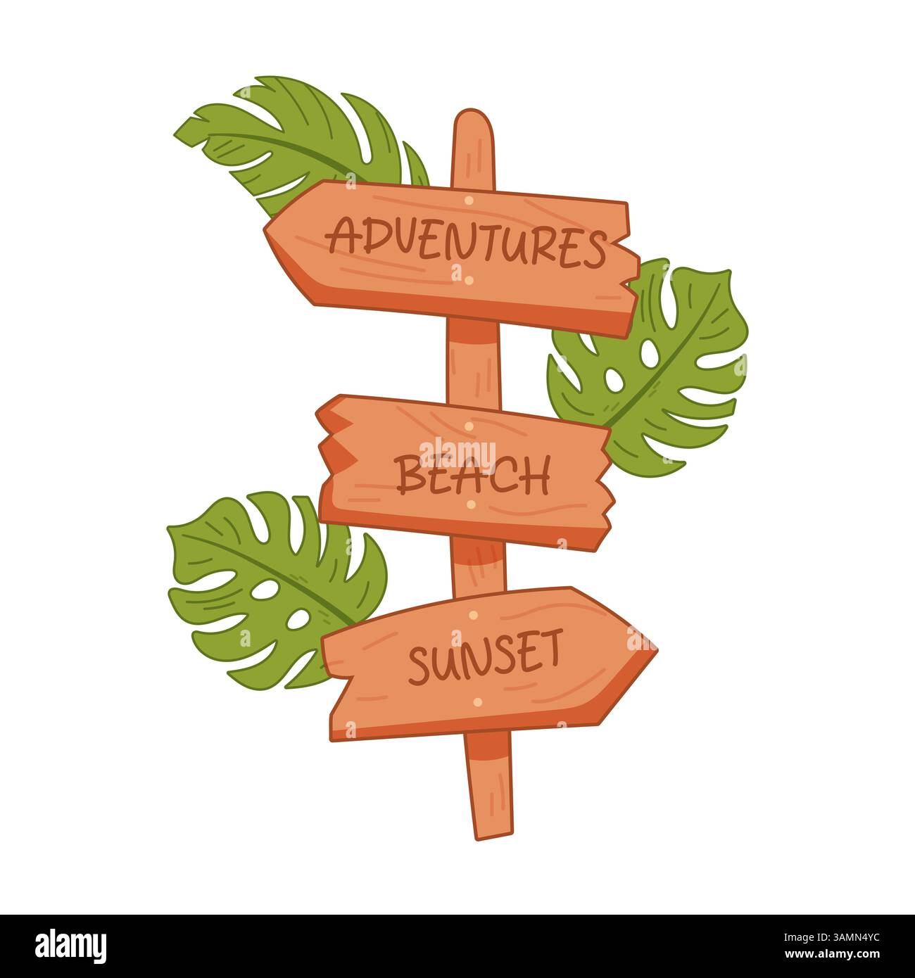 Hand drawn signpost with tropical leaves showing beach directions like ...