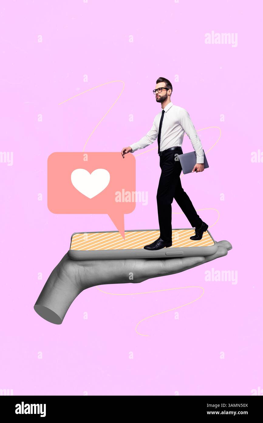 Art collage of person go touchscreen gadget with like icon on pink ...