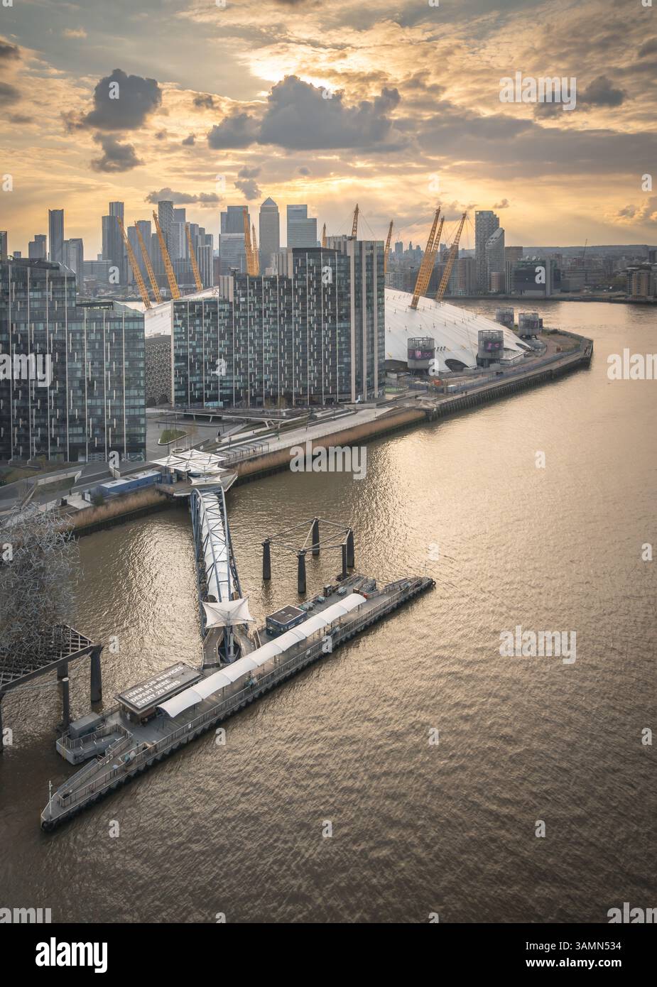 The Greenwich Peninsula and Canary Wharf shot from the IFS Cable Car at ...