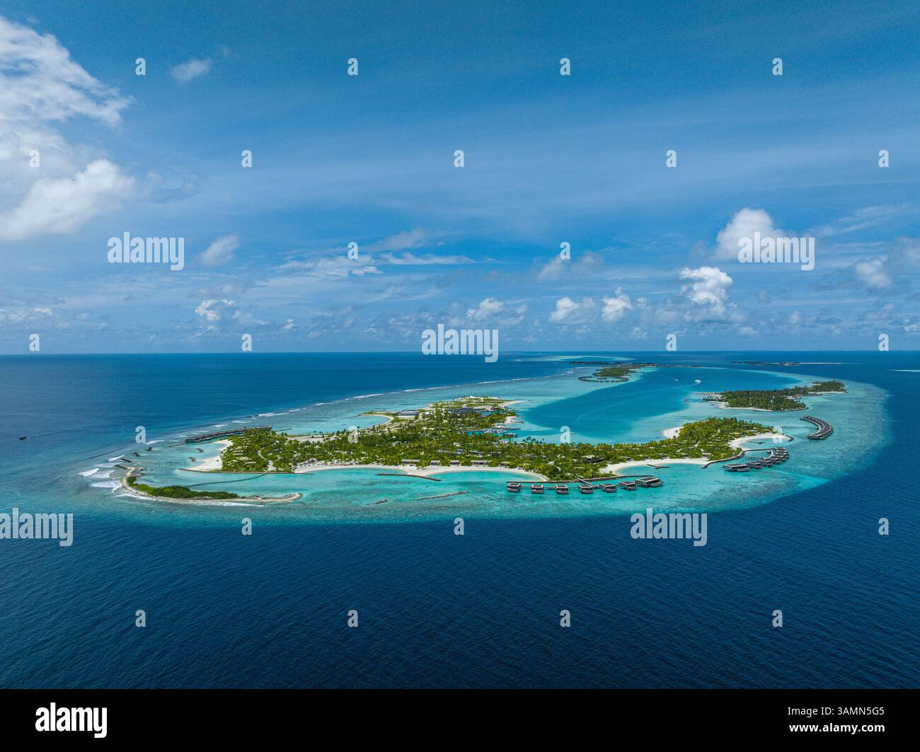 Aerial view of a luxury resort on Helengeli Island, Maldives ...