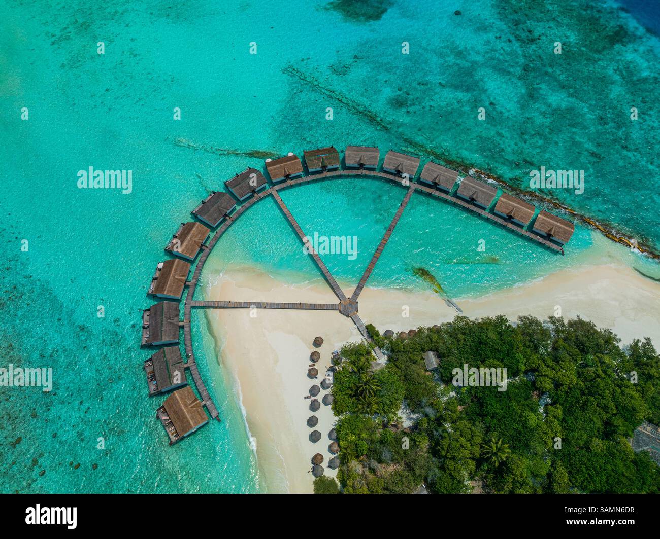 Aerial view of bungalows of a luxury hotel on Fonimagoodhoo island on ...