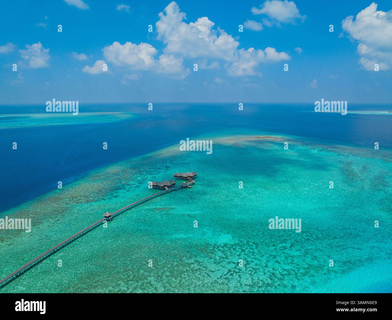 Aerial view of bungalows of a luxury hotel on Huvafen Fushi island on ...
