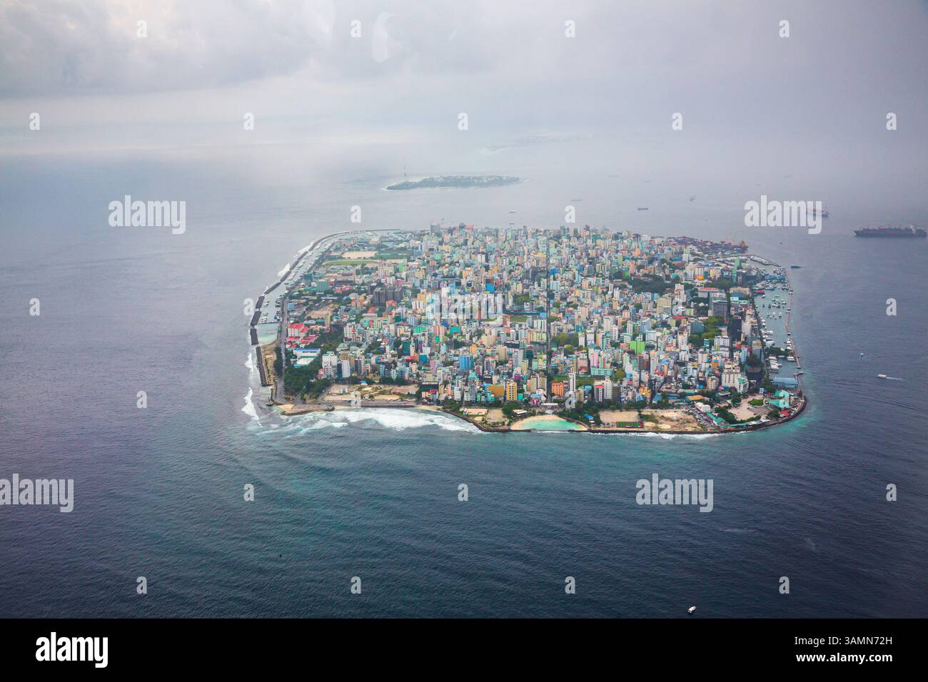 Aerial view of Malè, a big city on a small island in Maldives ...