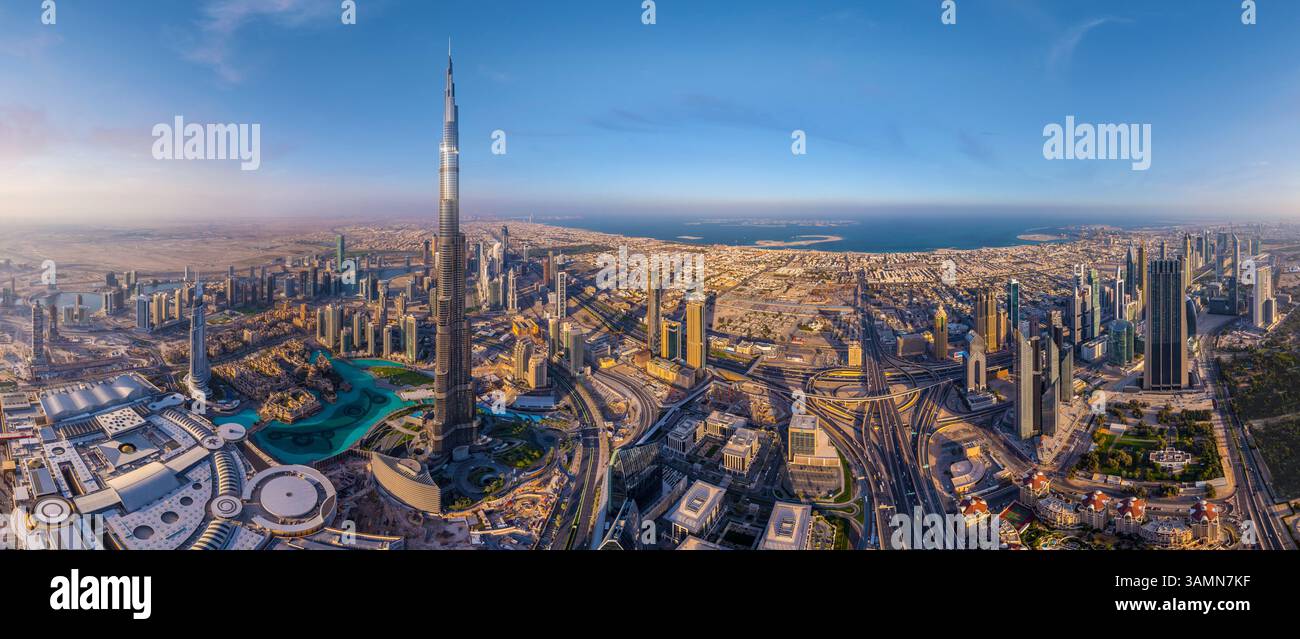 Panoramic aerial view of Burj Khalifa and Dubai Skyline, United Arab ...