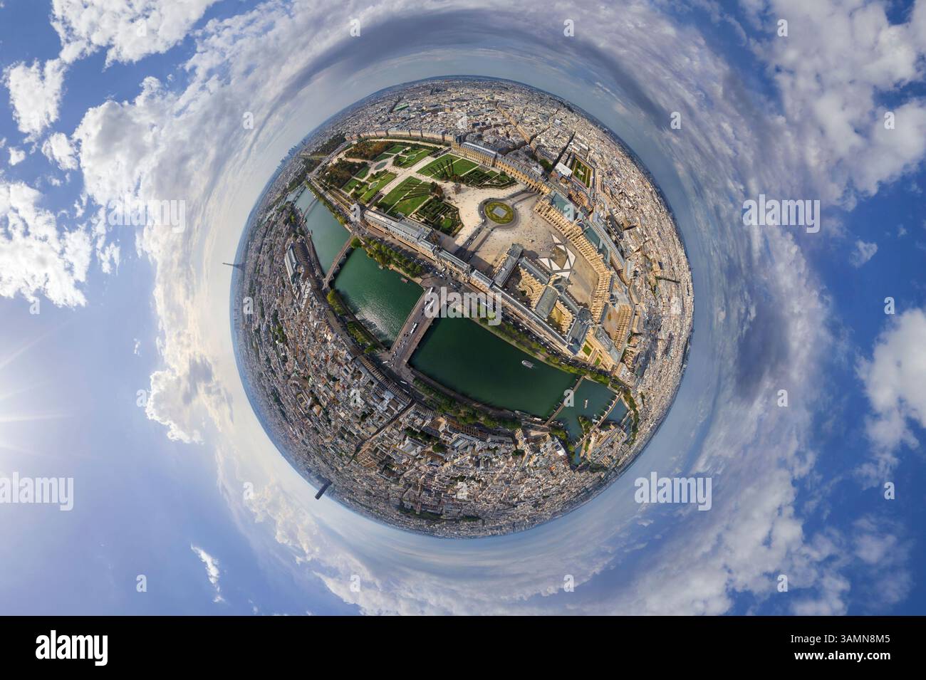 Panoramic 360 degrees aerial view of the Louvre Museum along the Seine ...