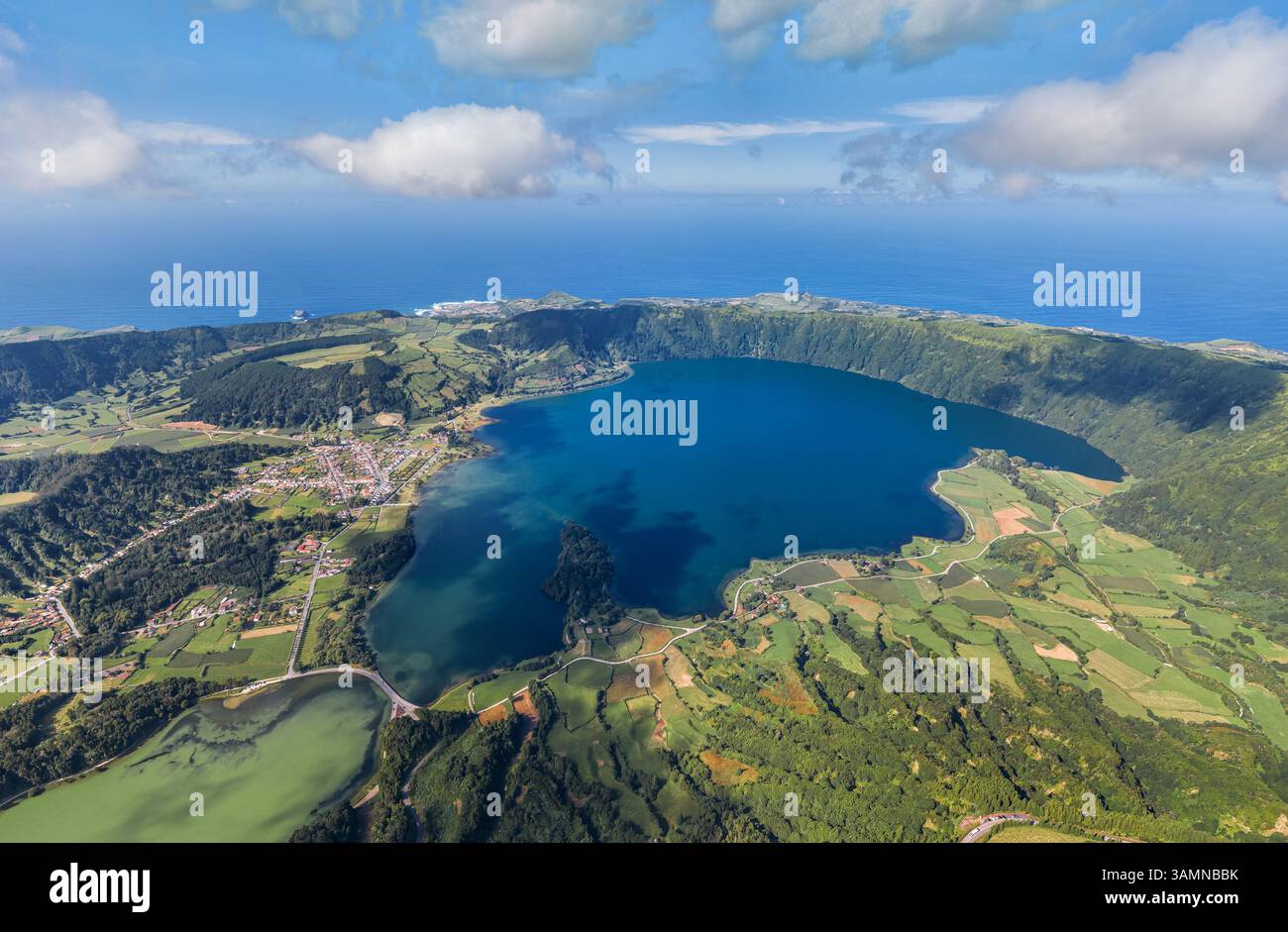 Aerial view of Crater lake Lagoa das Furnas from above, Azores, São ...