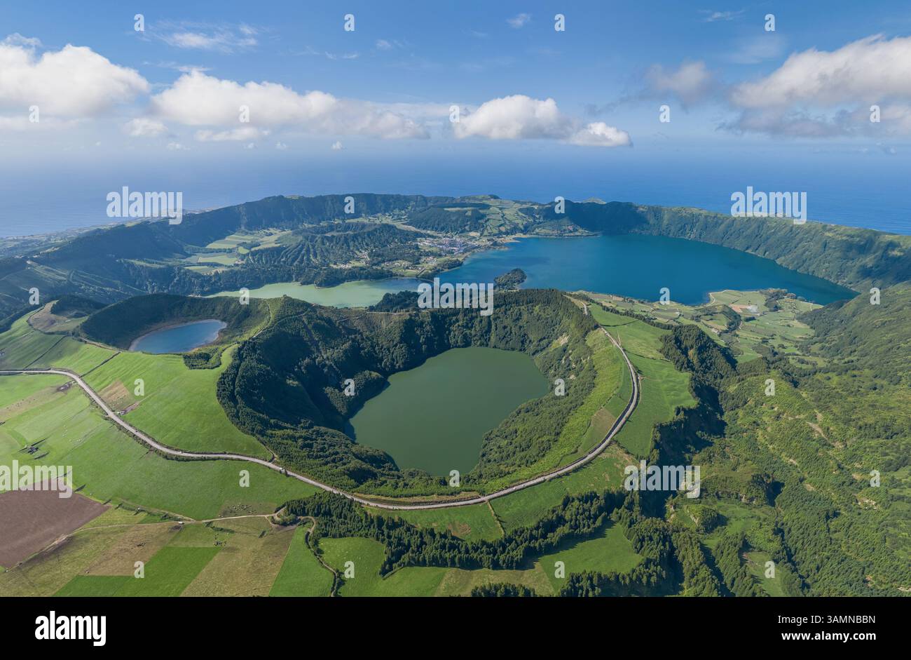 Aerial view of Crater lake Lagoa das Furnas from above, Azores, São ...