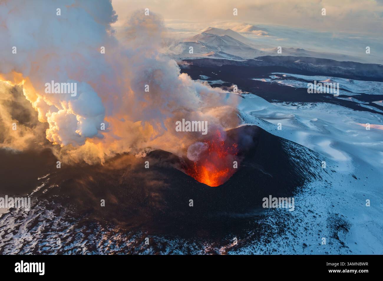 Aerial view of the volcano Plosky Tolbachik in eruption, Kamchatka ...