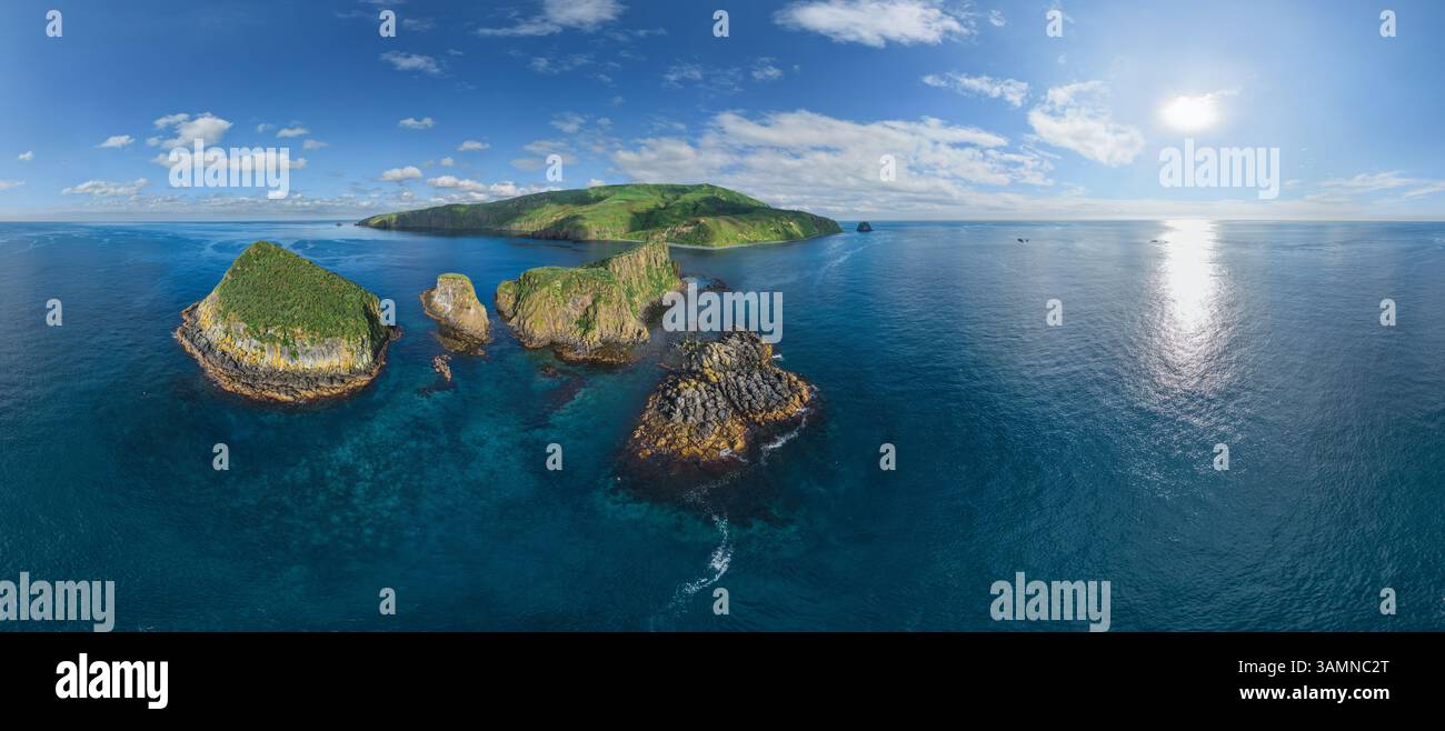 Panoramic aerial view of Rocks of Moneron Island, Sakhalin Island ...