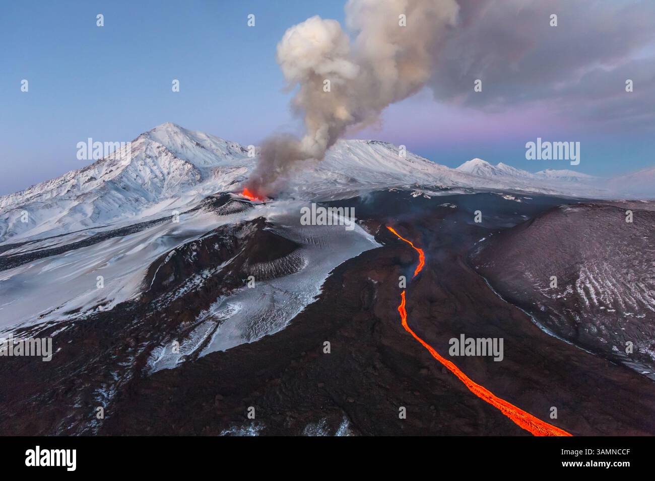 Aerial view of the volcano Plosky Tolbachik in eruption, Kamchatka ...