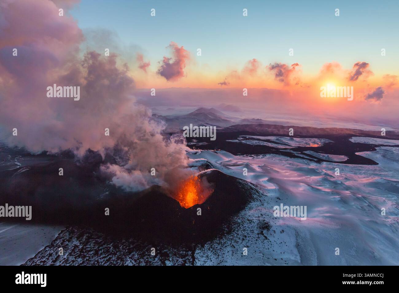 Aerial view of the volcano Plosky Tolbachik in eruption, Kamchatka ...