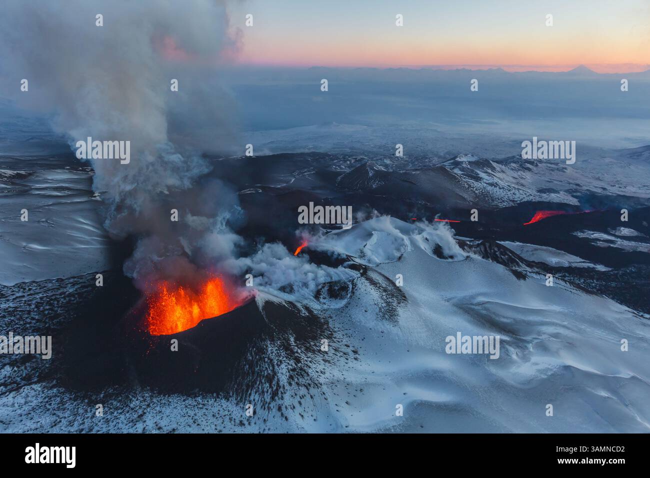 Aerial view of the volcano Plosky Tolbachik in eruption, Kamchatka ...