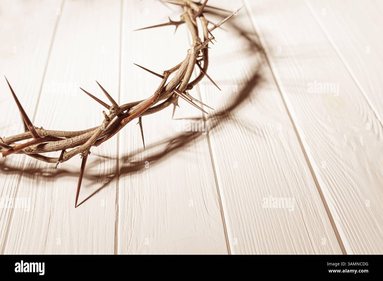 Wooden wall casting dark shadow from Jesus crown of thorns, symbol ...