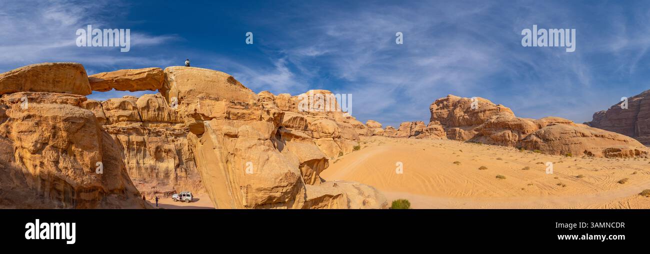 Panoramic aerial view of Um Fruth Rock Bridge, Wadi Rum Desert, Jordan ...