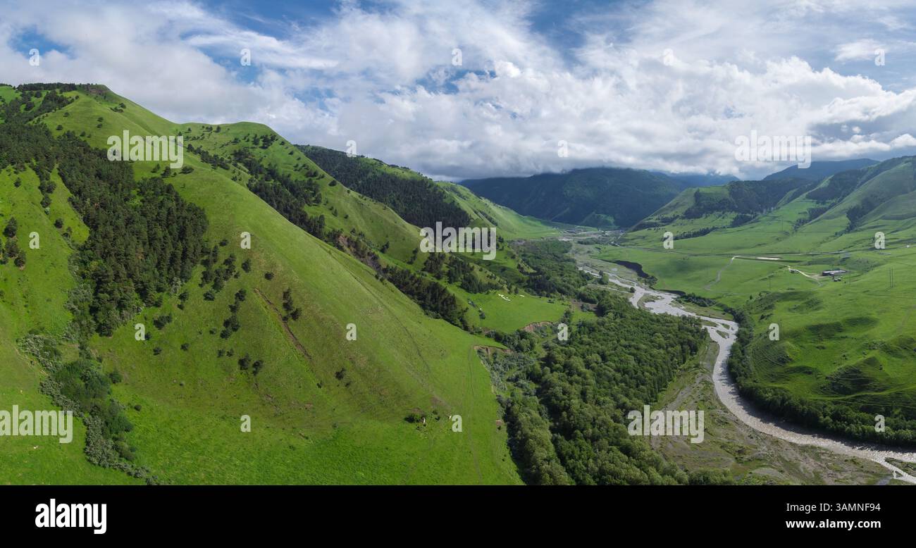 Aerial view of the green and lush landscape valley, Ingushetia, Russia ...
