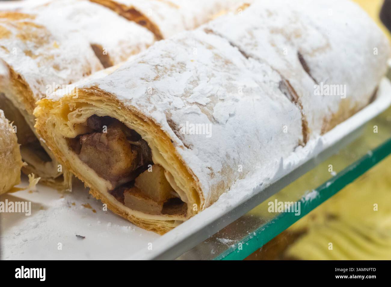 Apple strudels on display at Brick Lane bakery Beigel Bake in London ...