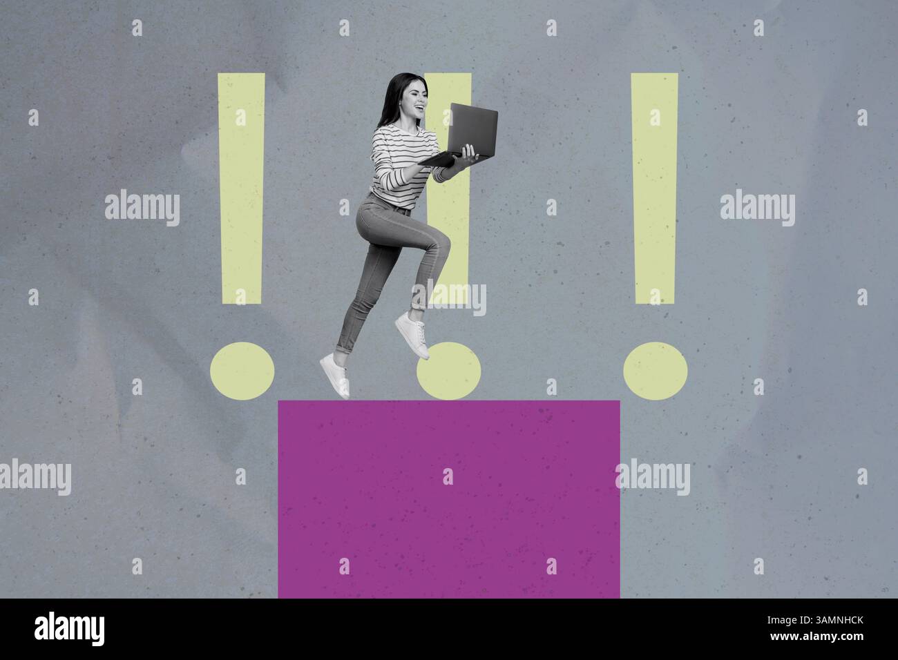 Collage surreal poster of person stand cube with exclamation marks over ...