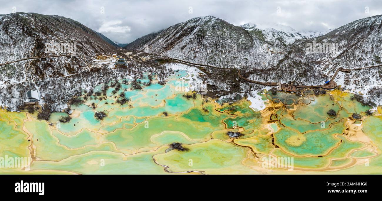 Aerial view of lakes at Huanglong covered with snow, Sichuan, China ...