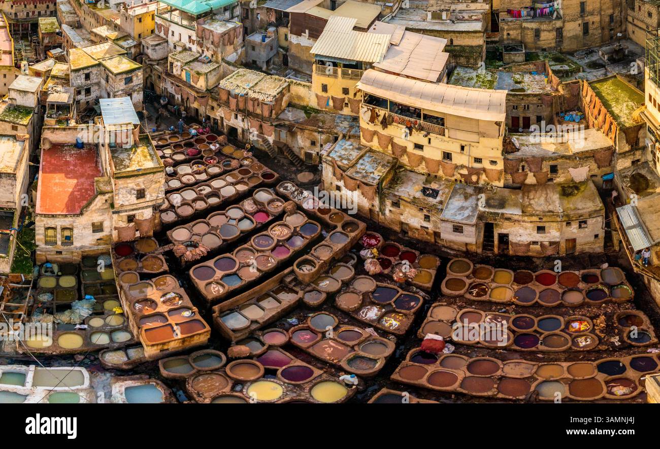 Aerial view of traditional tannery installation at Fes, Morocco Stock ...