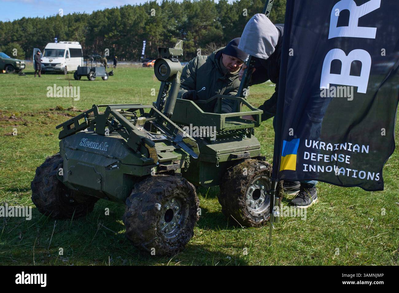 A manufacturer demonstrates a Ukrainian made unmanned ground vehicle at ...