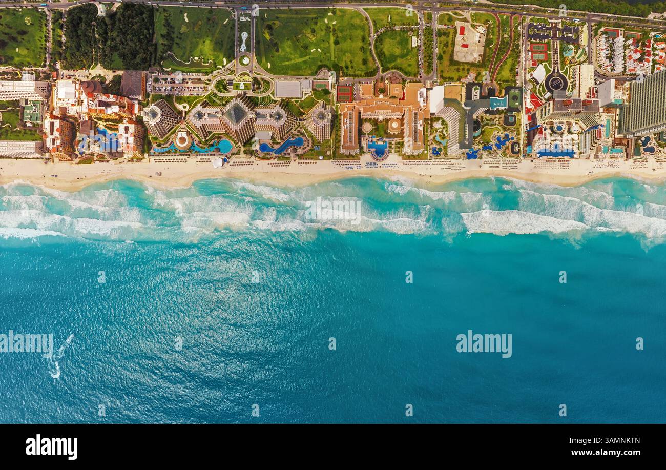 Aerial view of coastal line with resorts. Cancun, Mexico Stock Photo ...