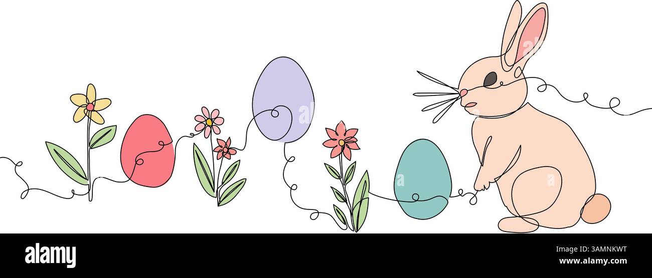Easter Bunny and Eggs with Flowers Line Drawing Stock Vector Image ...