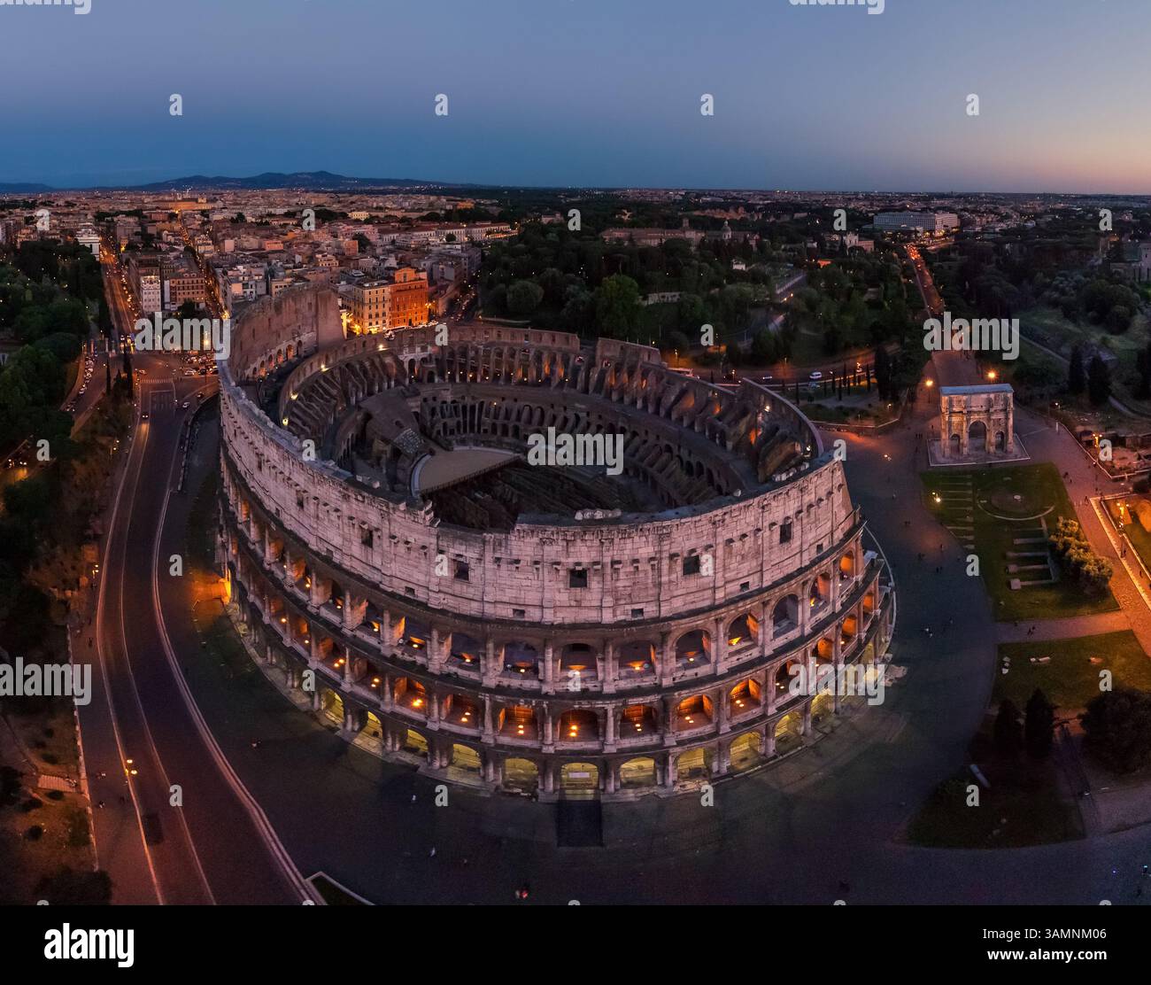 Aerial view of the Roman Colosseum during the night, Rome, Italy Stock ...