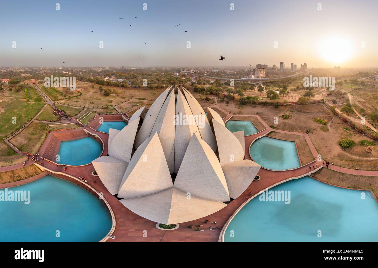 Aerial view of Lotus Temple with birds flying by, Delhi, India Stock ...