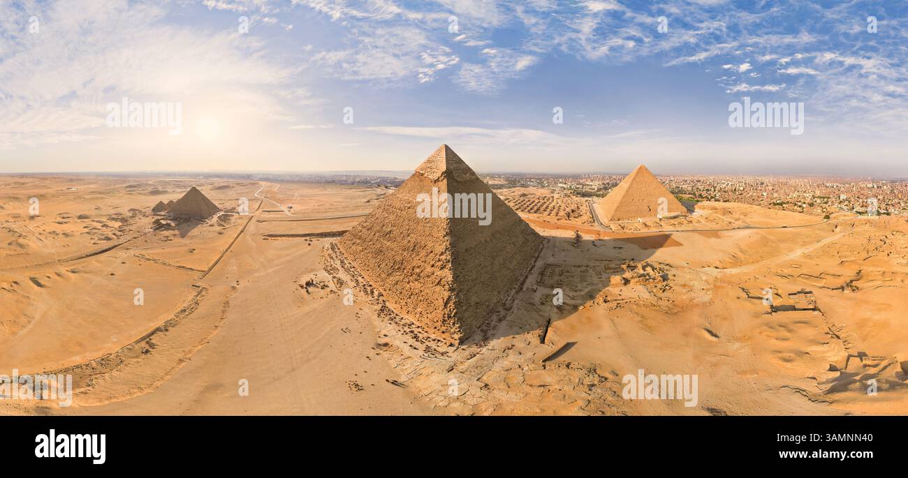 Panoramic aerial view of the Great Pyramids of Giza in Egypt Stock ...