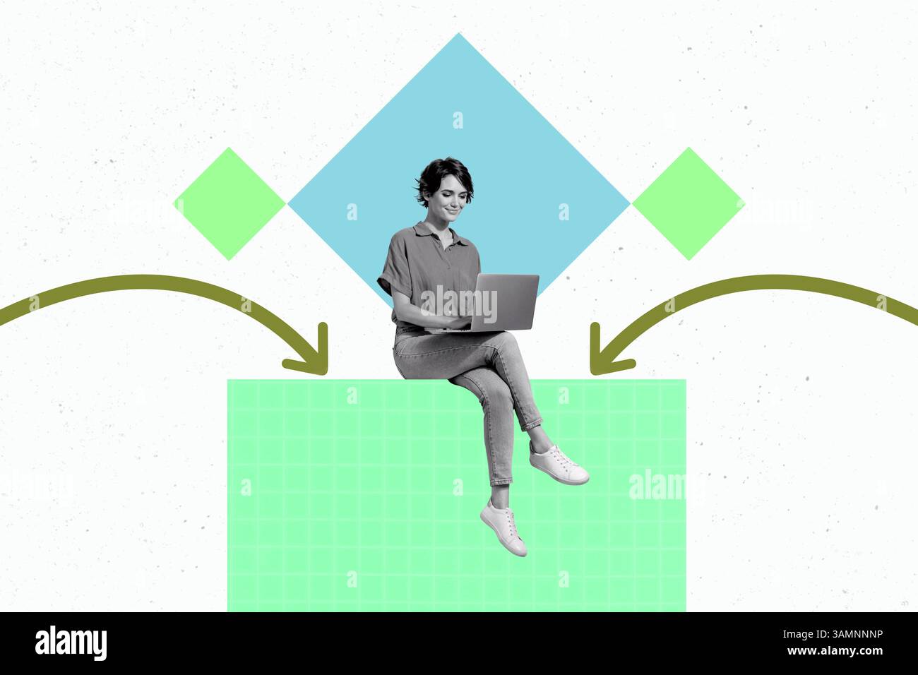 Pop abstract collage of person sit geometry figure with moving arrows ...