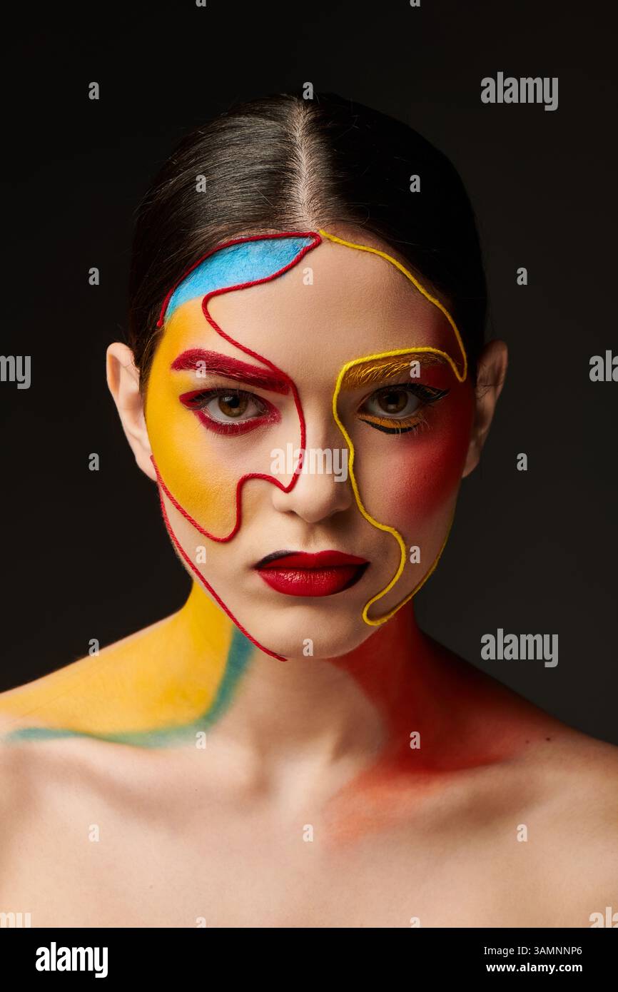 A young woman showcases vibrant face art with bold colors creating a ...