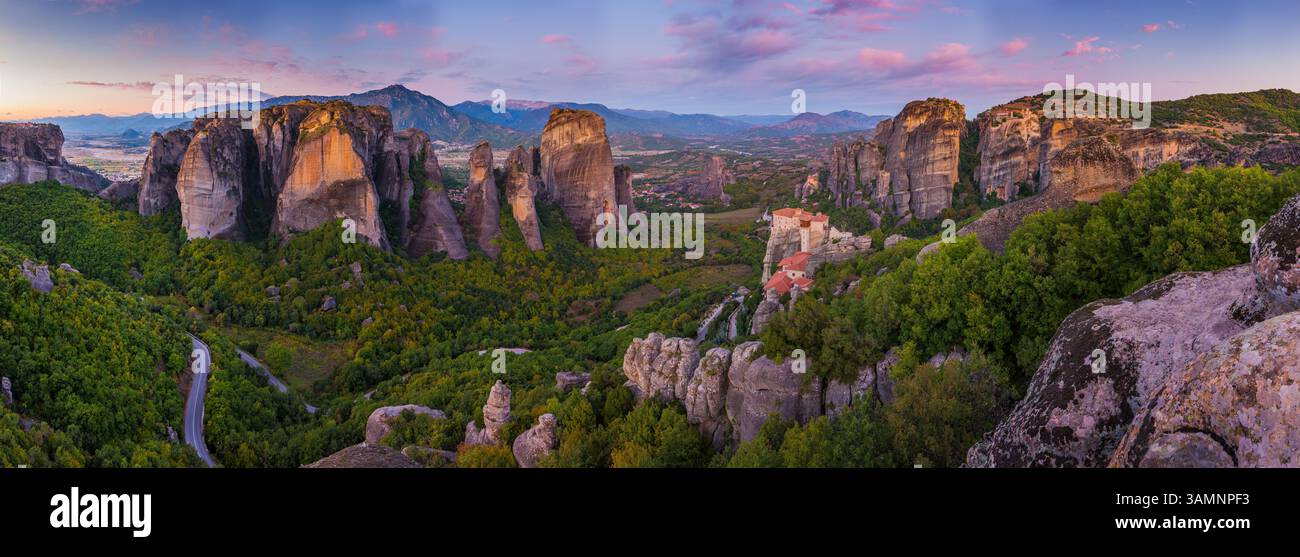 Aerial image of Metéora monasteries during sunset, Greece Stock Photo ...