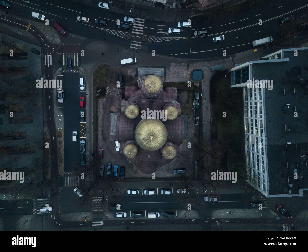 Aerial view of the ortodox church of St. Constantine and Michael with ...