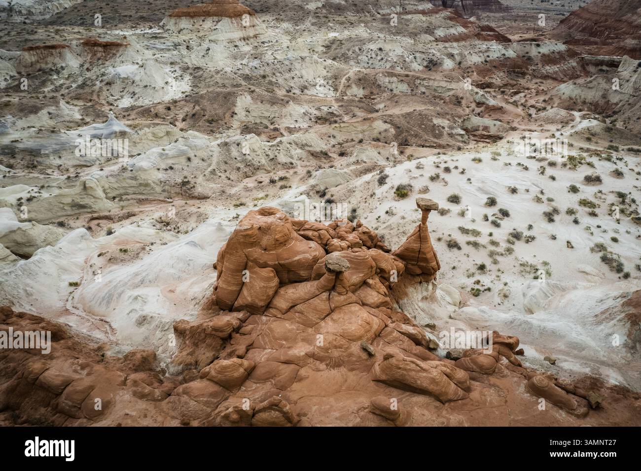 Aerial view of toadstool hoodoos and rock formations in a dry desert ...