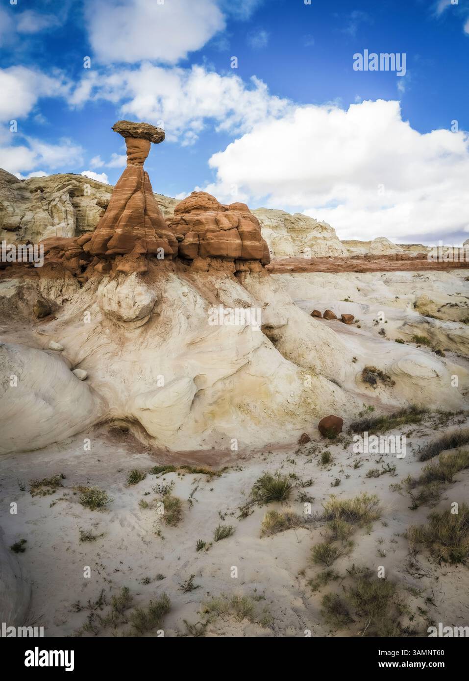 Aerial view of toadstool hoodoos and unique rock formations in a barren ...