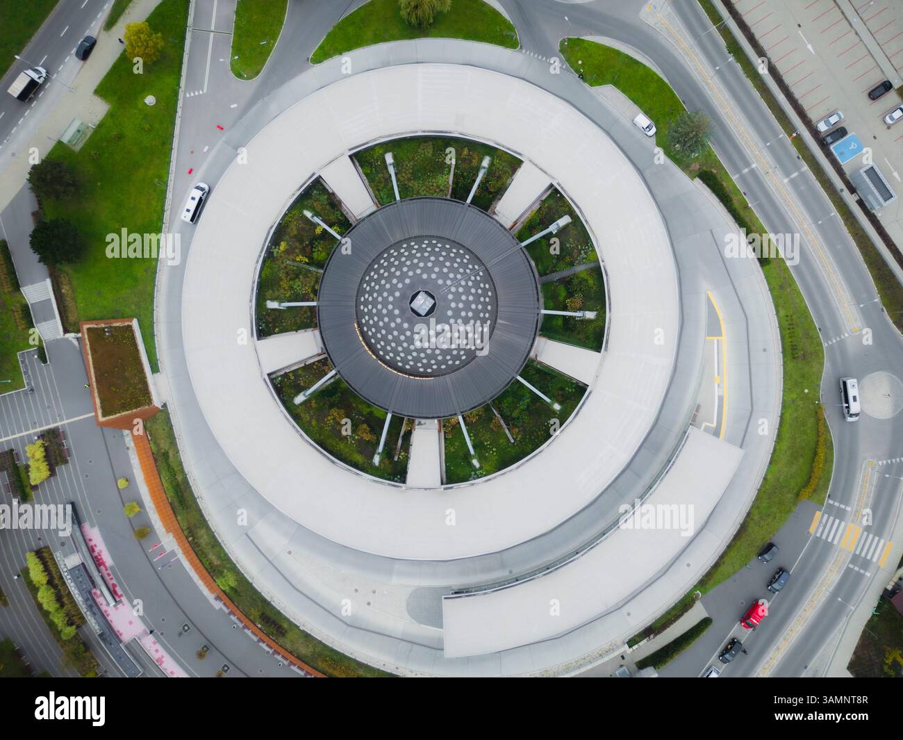 Aerial view of abstract bus station with modern architecture and ...