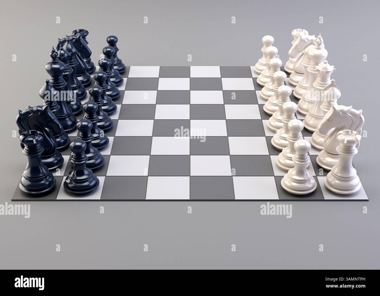 A regular chess set setup to begin on a checkered board and isolated ...