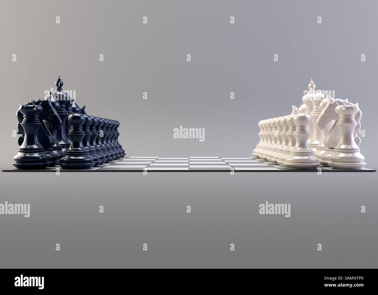 A regular chess set setup to begin on a checkered board and isolated ...