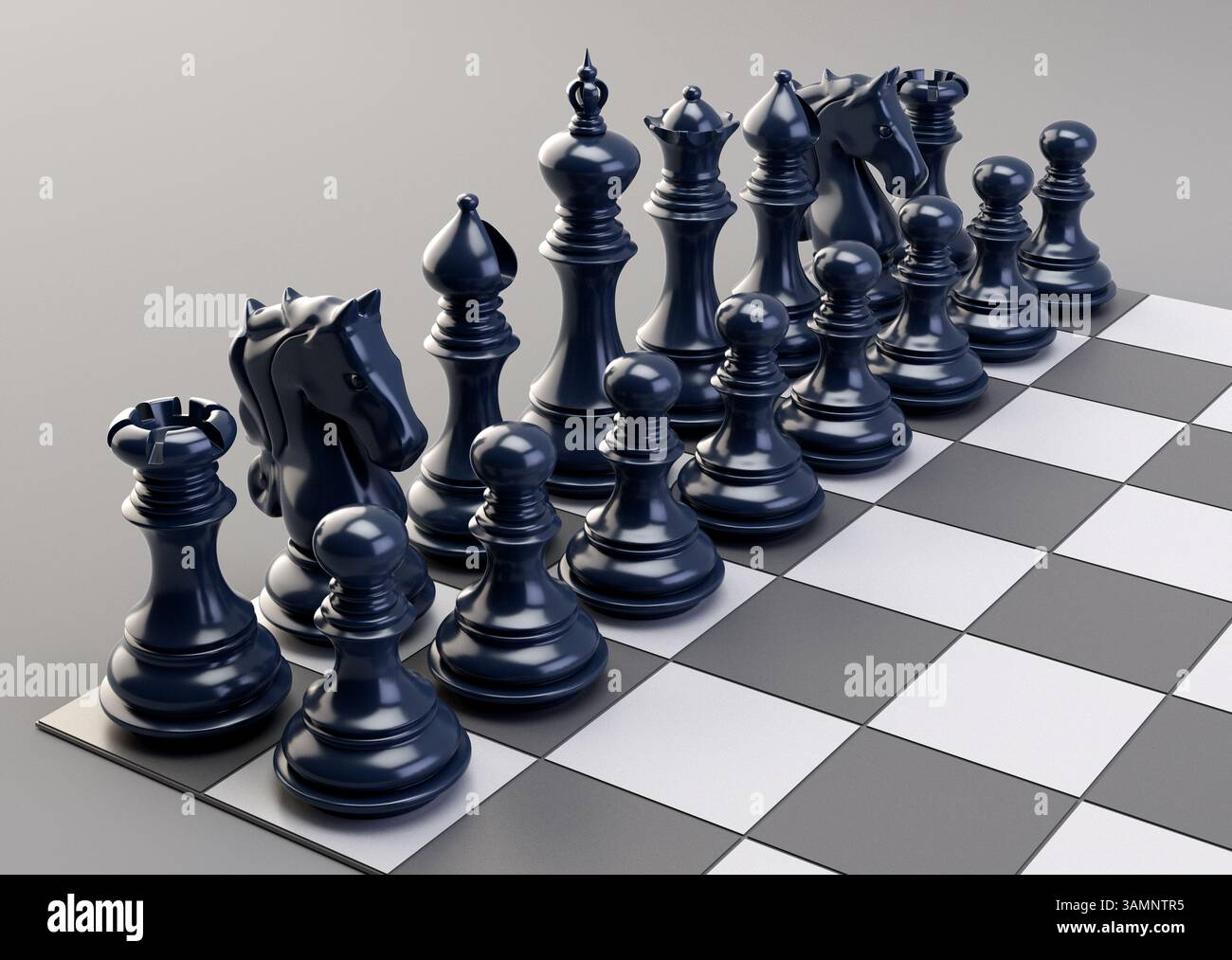 A regular chess set setup to begin on a checkered board and isolated ...
