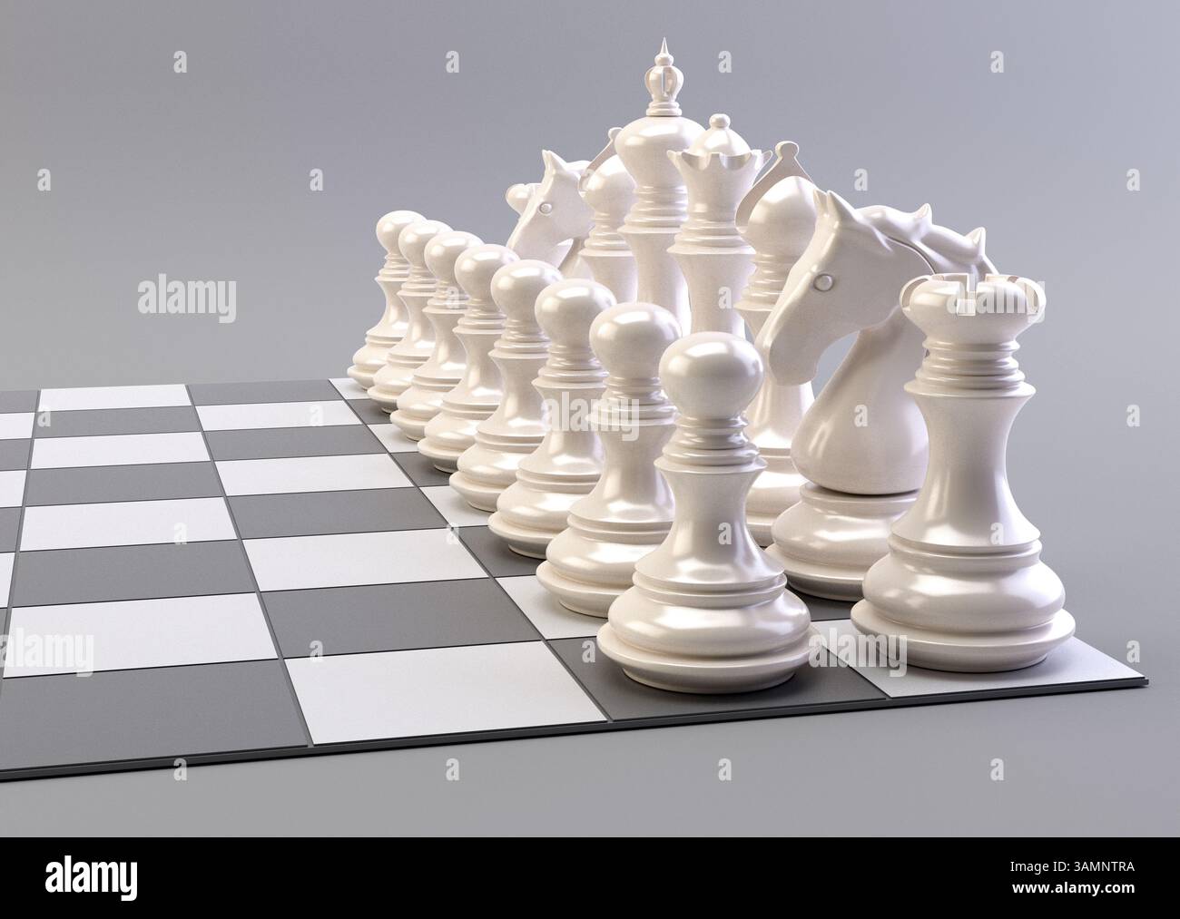 A regular chess set setup to begin on a checkered board and isolated ...
