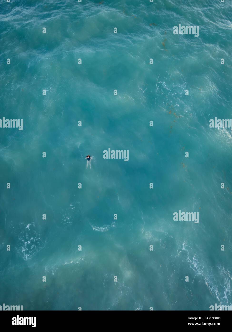 Aerial view of a serene surfer swimming in the beautiful Atlantic Ocean ...