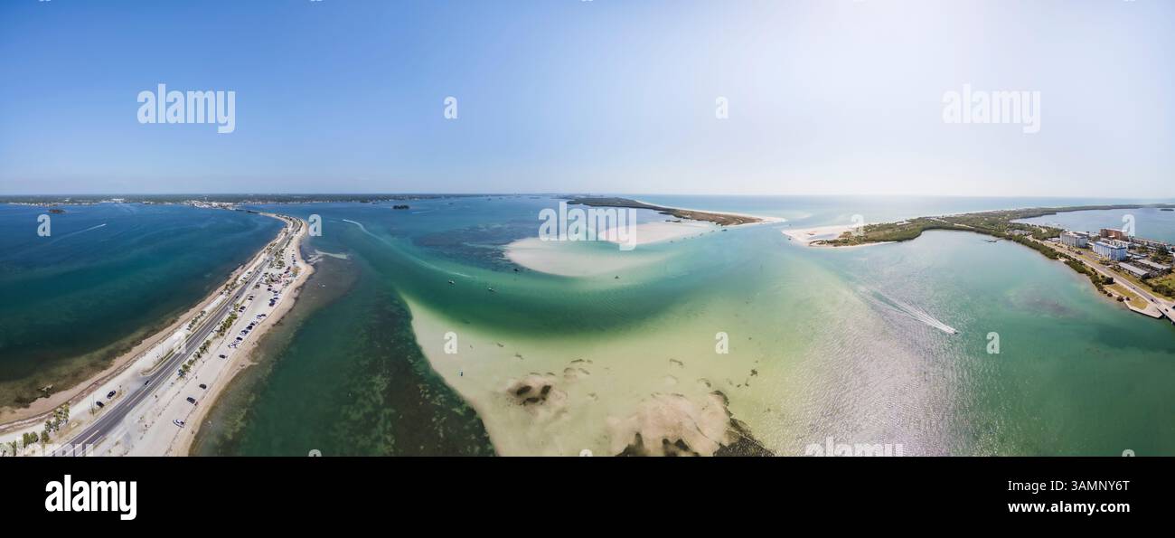 Aerial view of hurricane pass and colorful coral reef with sandbanks ...