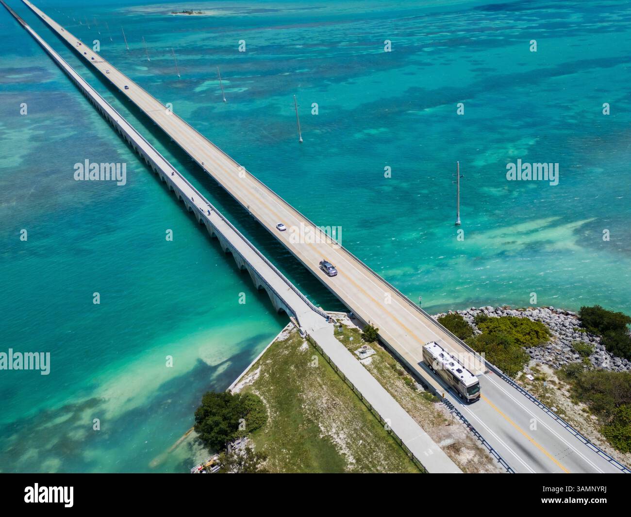 Aerial view of the scenic overseas highway and bridge road leading to ...