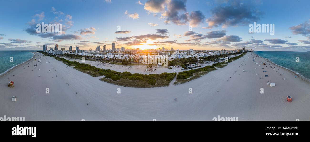 Aerial view of panoramic sunset over beautiful Miami Beach with ...