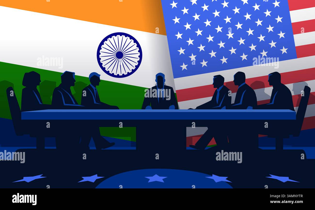 Trade war India USA negotiation concept silhouette figures at table ...