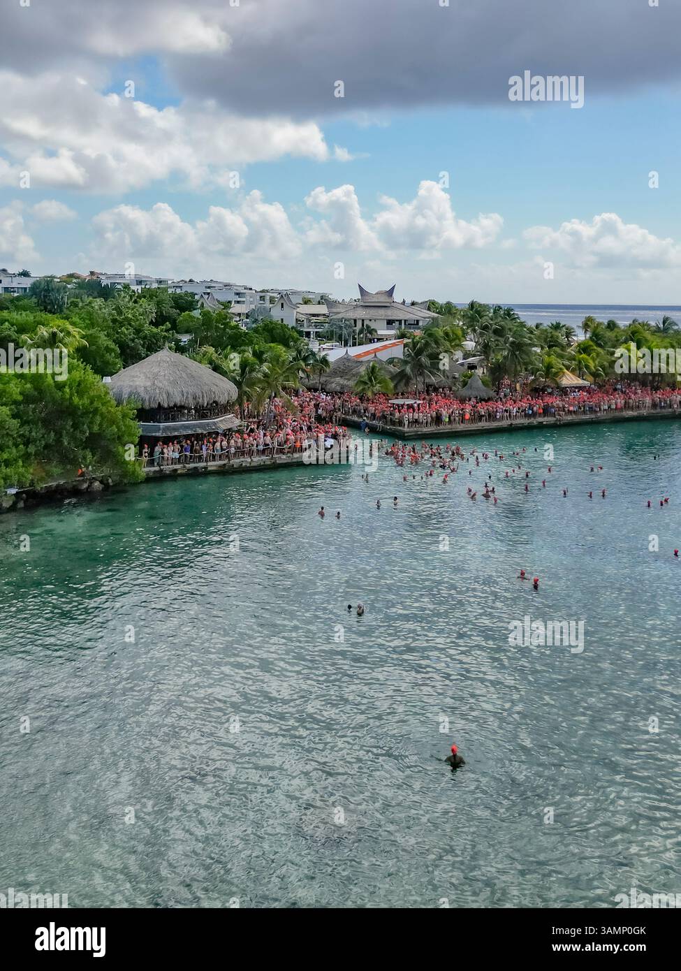 Aerial view of crowded beach with palm trees and thatched roof huts ...