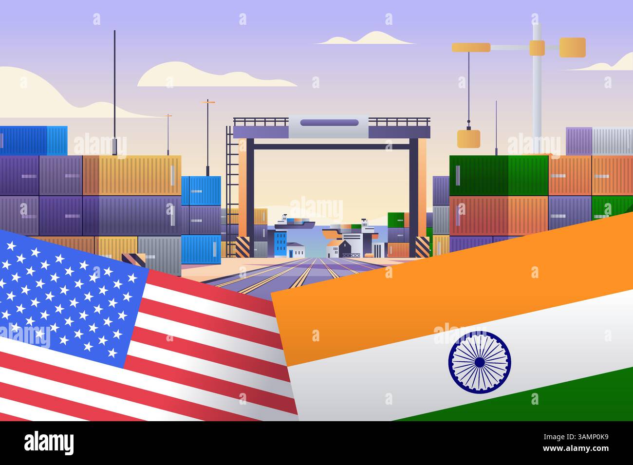 Trade war USA India shipping containers port scene flags cranes harbor ...