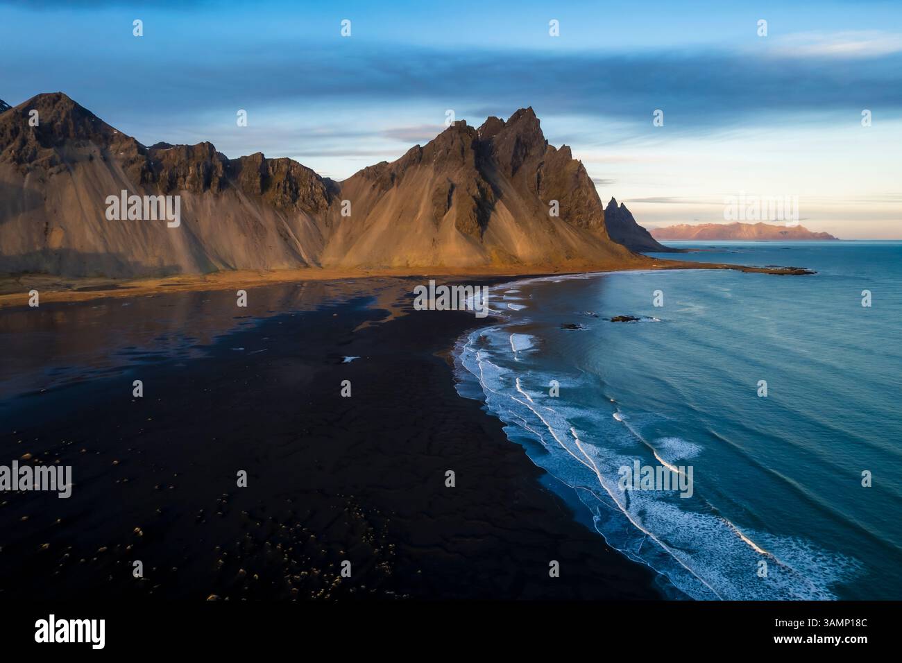 Aerial view of Vestrahorn mountain and black sand beach, Stokksnes ...