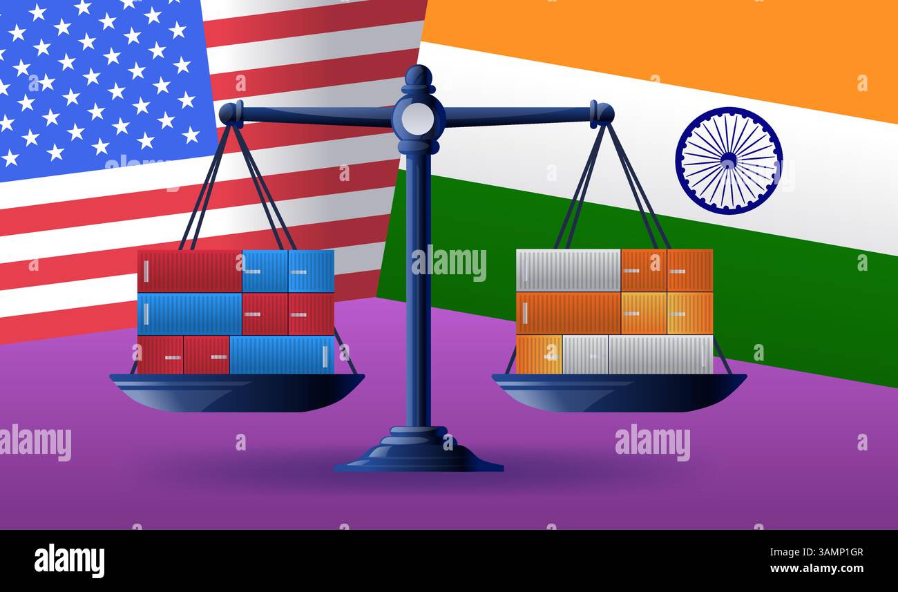 Trade war tariffs USA India balance scales containers flags concept ...