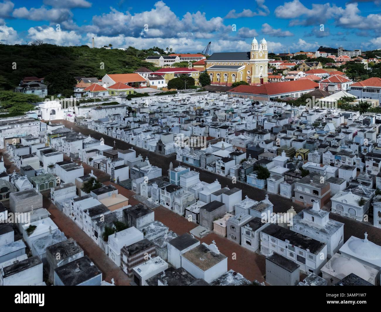 Aerial view of vibrant Willemstad with church, cemetery, and rooftops ...